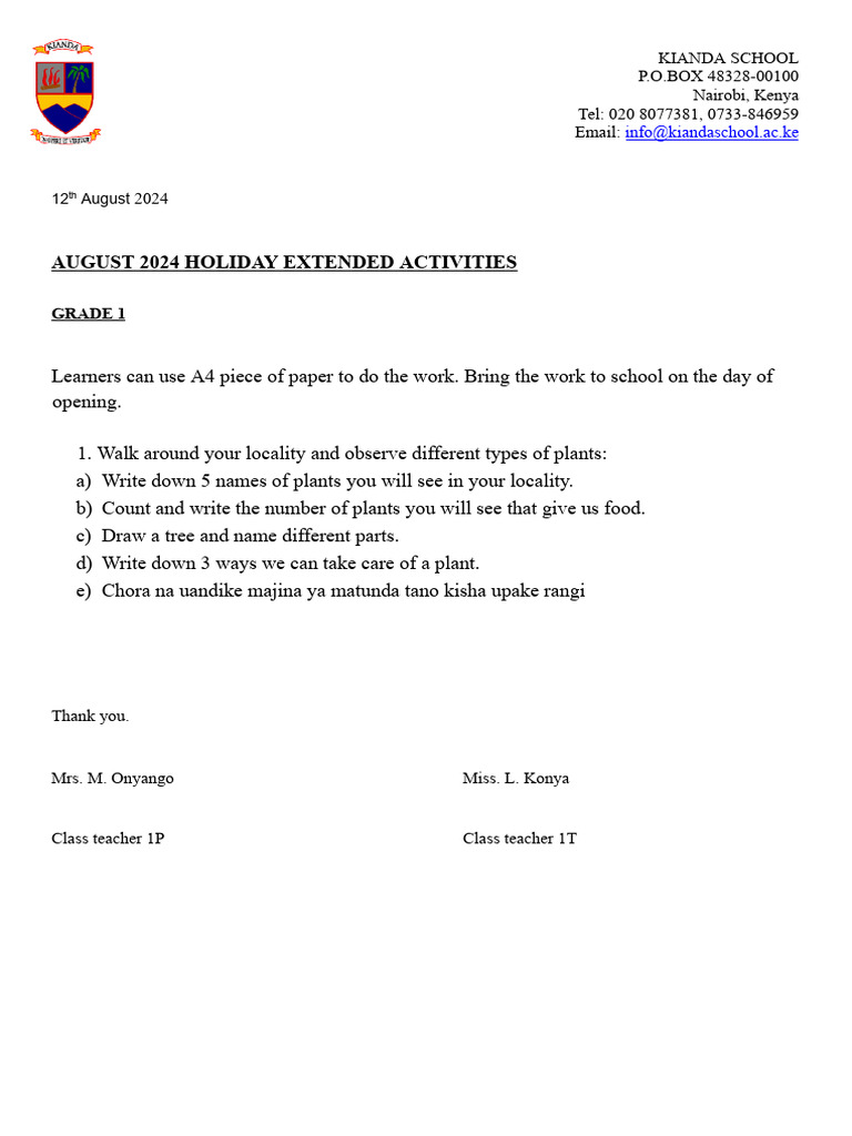 Grade 1 Term 2 2024 Homework | PDF