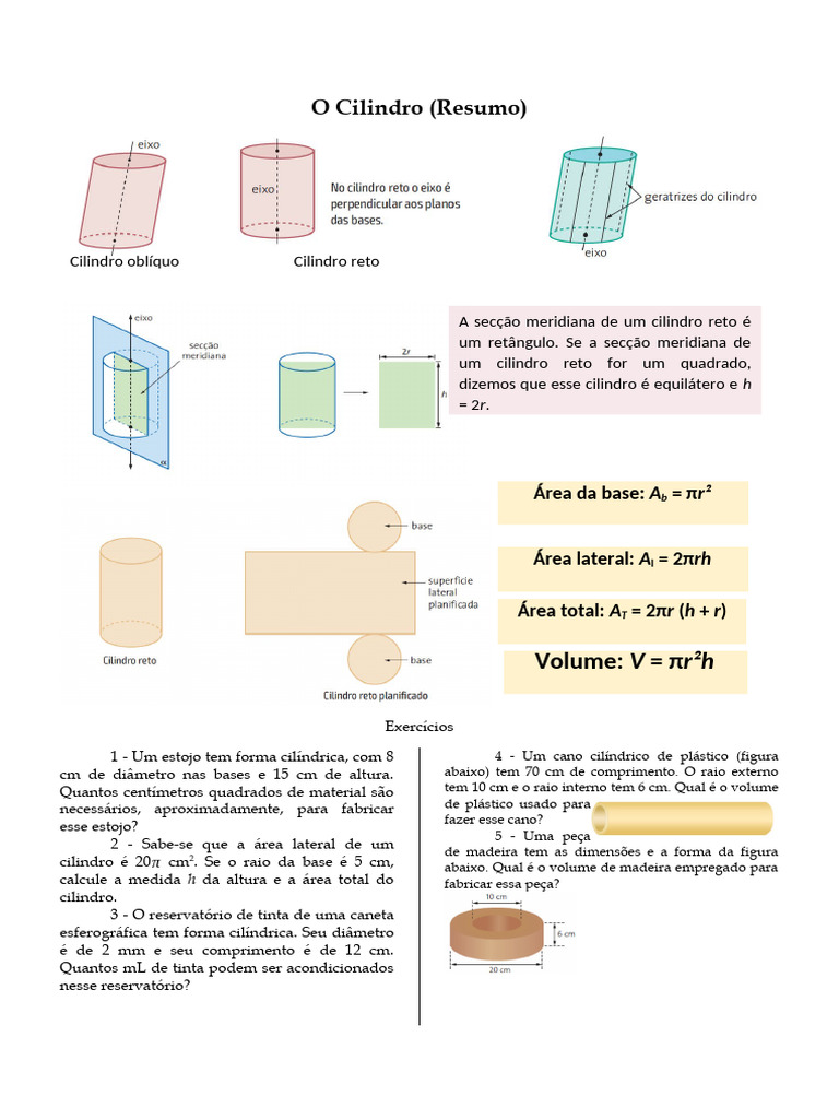Cilindro e Cone Resumo e Exercícios | PDF