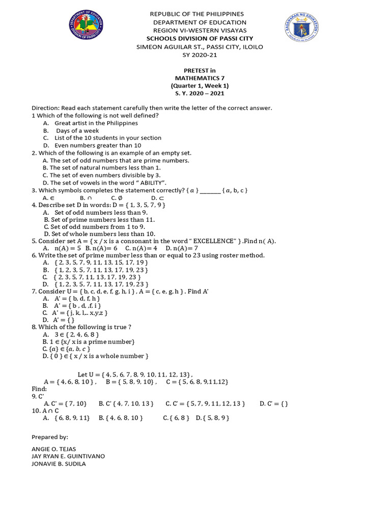 MATHEMATICS 7 Q1W1 ACTIVITY SHEETS | PDF