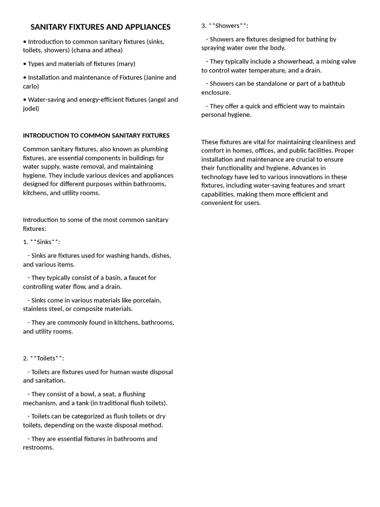 Sanitary Fixtures and Appliances (Overview All) | PDF