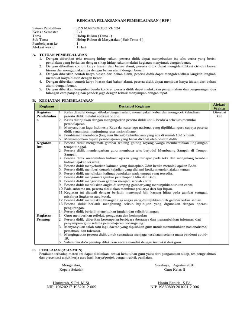 RPP DARING KELAS 2 TEMA 1 ST 4 Hanin | PDF