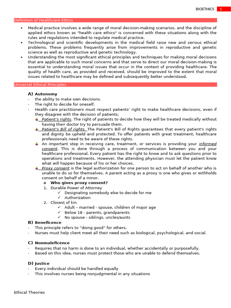 Definition of Healthcare Ethics, Ethical Principle-Theories | PDF