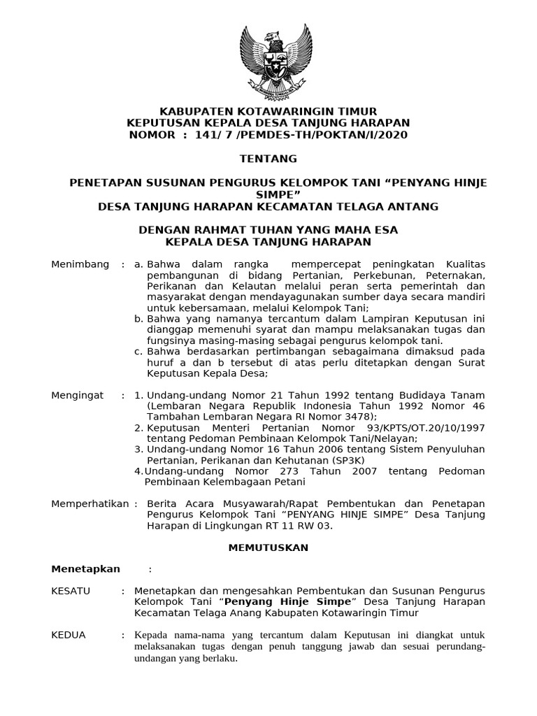 SK Kelompok Tani Penyang Hinje Simpei RT 11 RW 03. Kabupaten ...