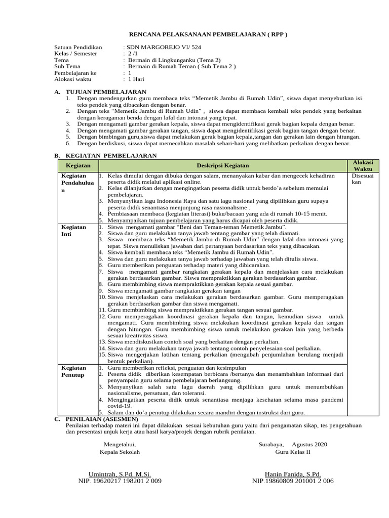 RPP DARING KELAS 2 TEMA 2 ST 2 Hanin | PDF