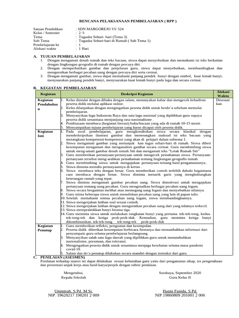 RPP DARING KELAS 2 TEMA 3 ST 1 Hanin | PDF