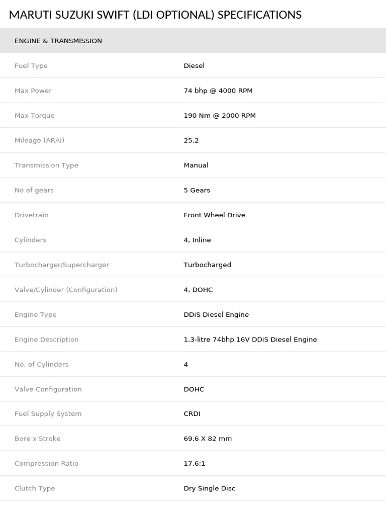 Maruti Suzuki Swift (LDI Optional) Specifications | PDF