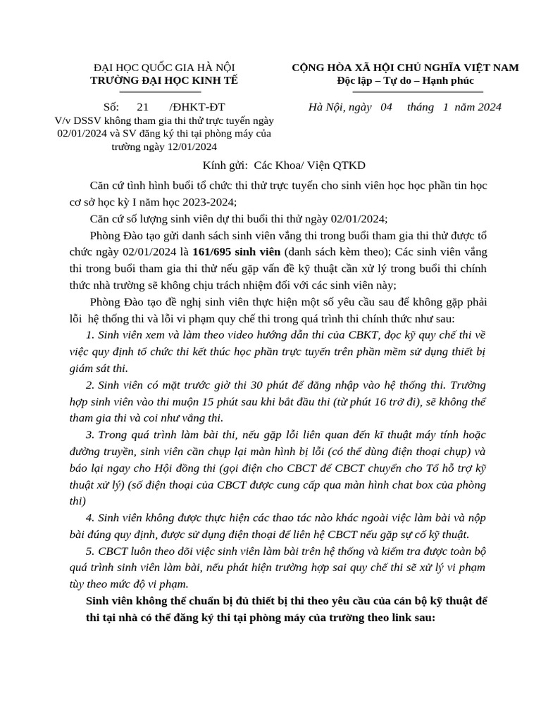 21 DSSV Không Tham Gia Buổi Thi Thử 02.01 Và Đăng Ký Thi Tại Phòng Máy | PDF