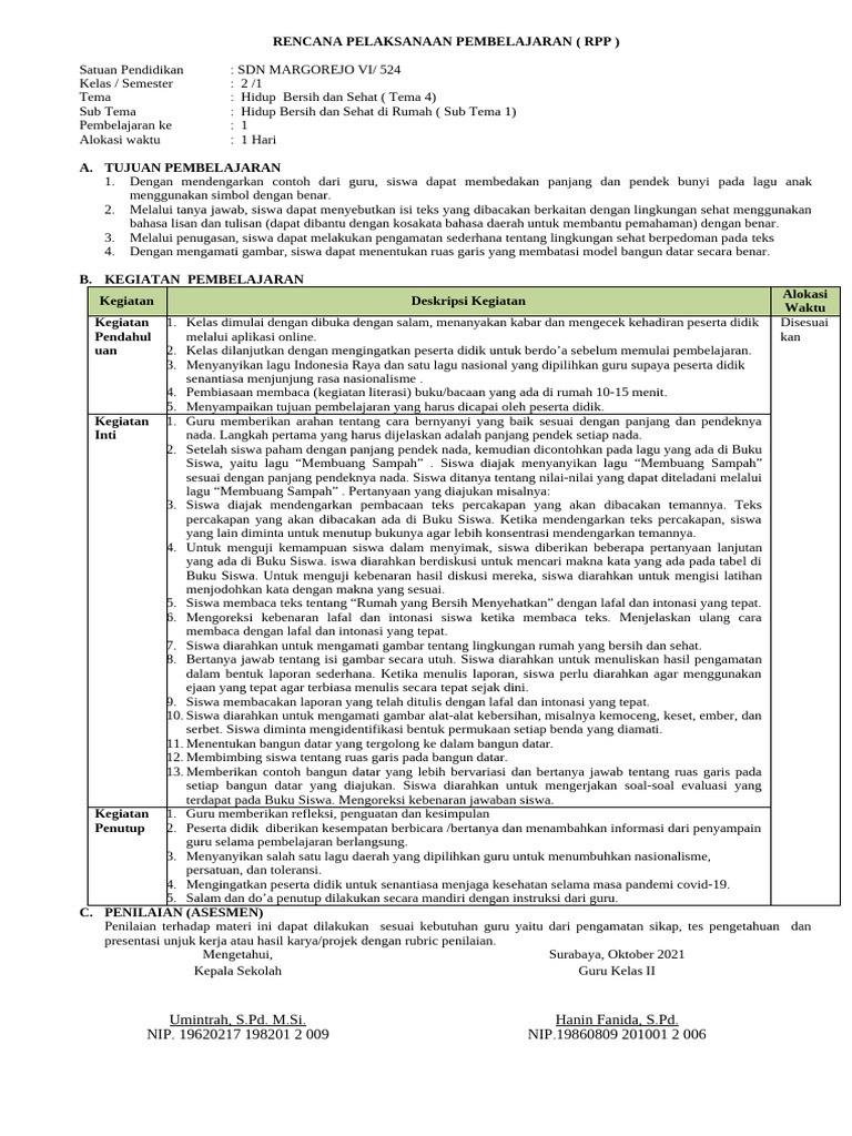 RPP DARING KELAS 2 TEMA 4 ST 1 Hanin | PDF