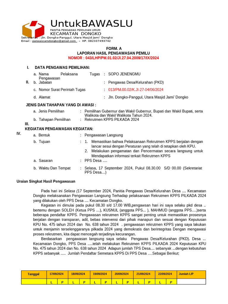 Contoh Form A Pengawasan KPPS | PDF