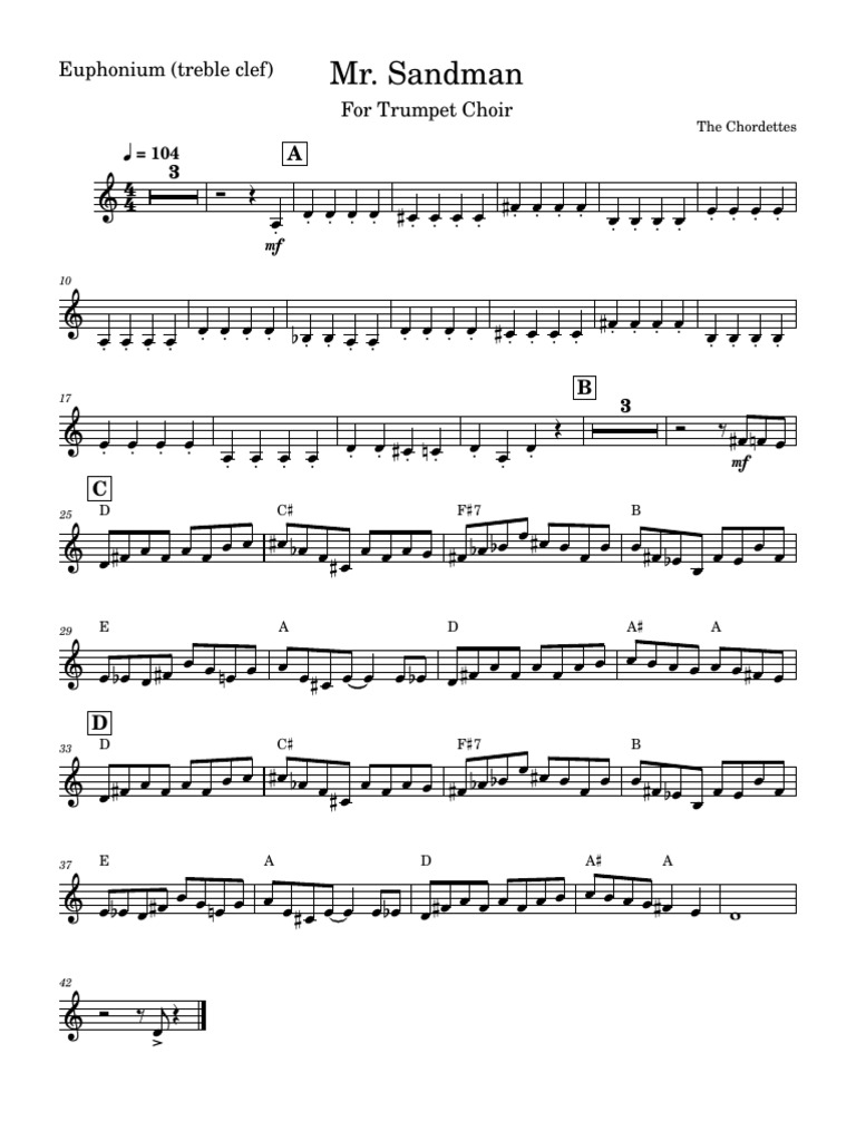 Mr. Sandman The Chordettes - For Trumpet Choir-Euphonium (Treble Clef ...