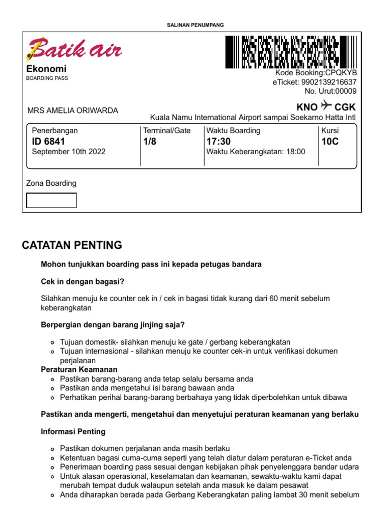 Batik Air Boarding Pass | PDF