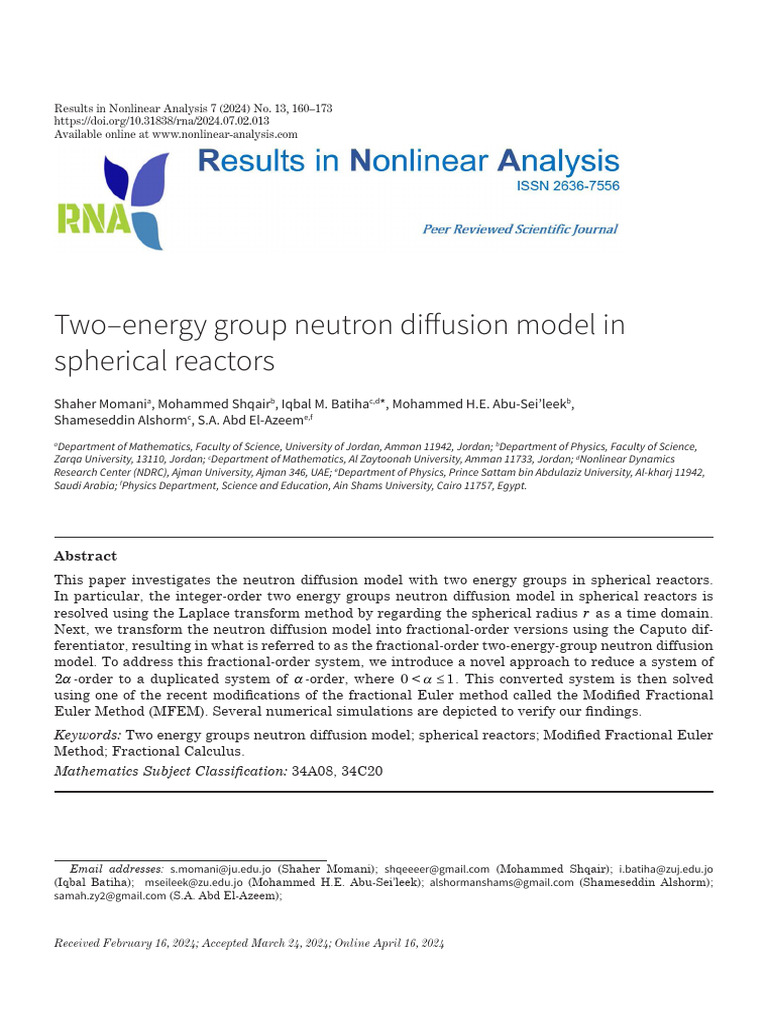 Two-Energy Group Neutron Diffusion Model in | PDF