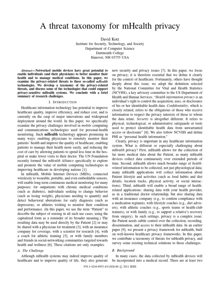 A Threat Taxonomy For Mhealth Privacy | PDF | Authentication | Encryption