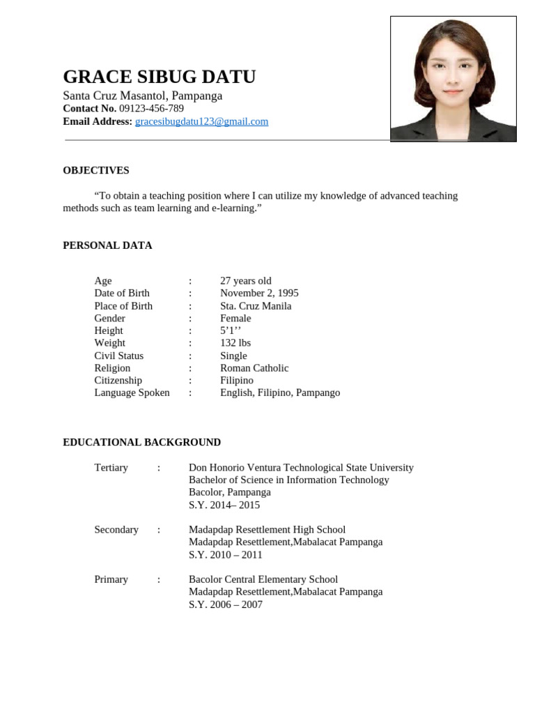Teaching Position Resume - Grace Datu | PDF