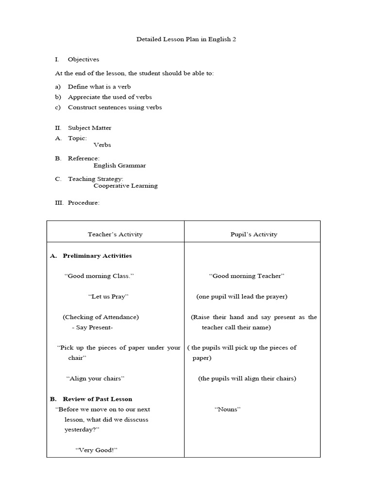 Detailed Lesson Plan Verbs | PDF