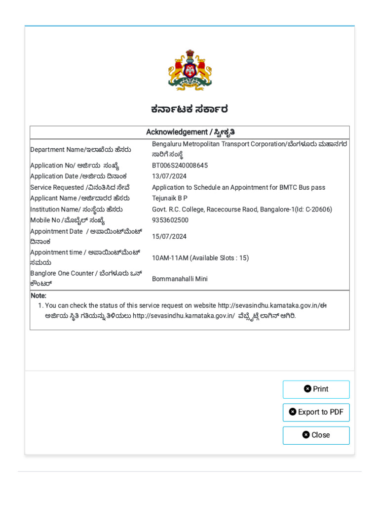 ServicePlus - Application To Schedule An Appointment For BMTC Bus Pass | PDF