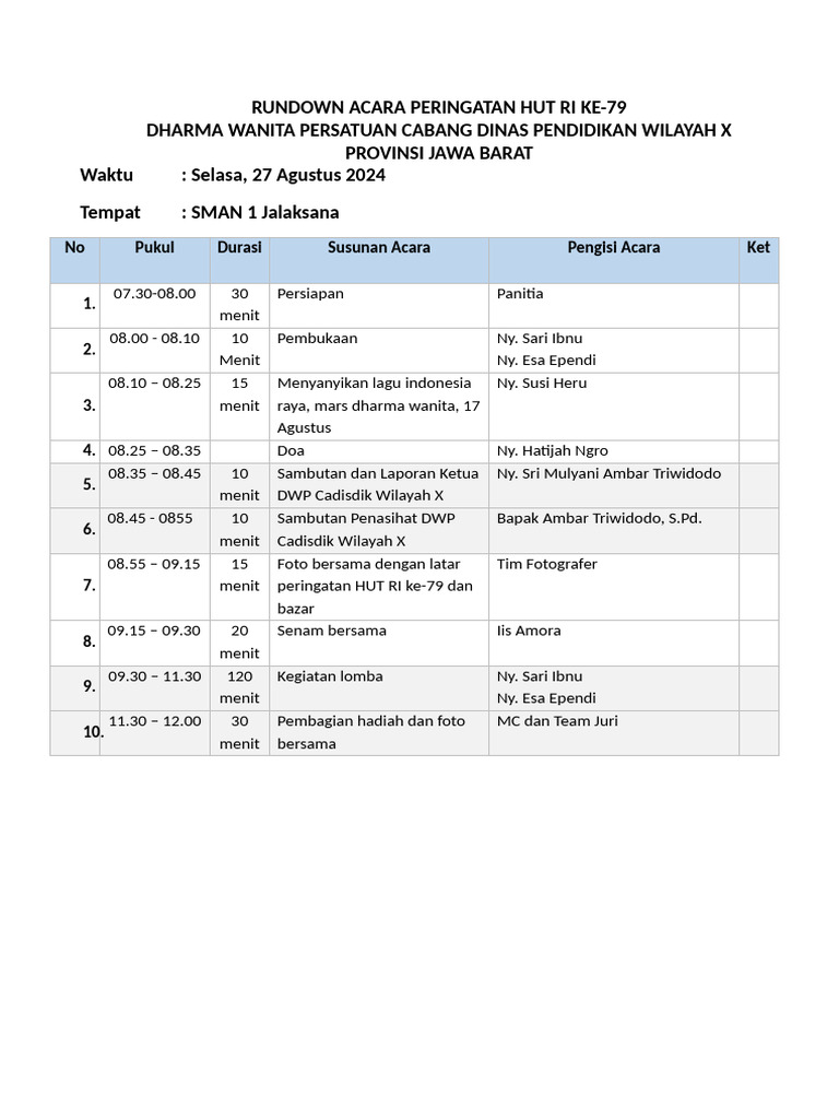 RUNDOWN PERINGATAN HUT RI KE-79 DWP CABANG DINAS PENDIDIKAN WILAYAH X Revisi | PDF
