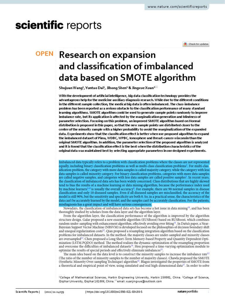 2021 Research On Expansion And Classifcation Of Imbalanced Data Based On Smote Algorithm Pdf