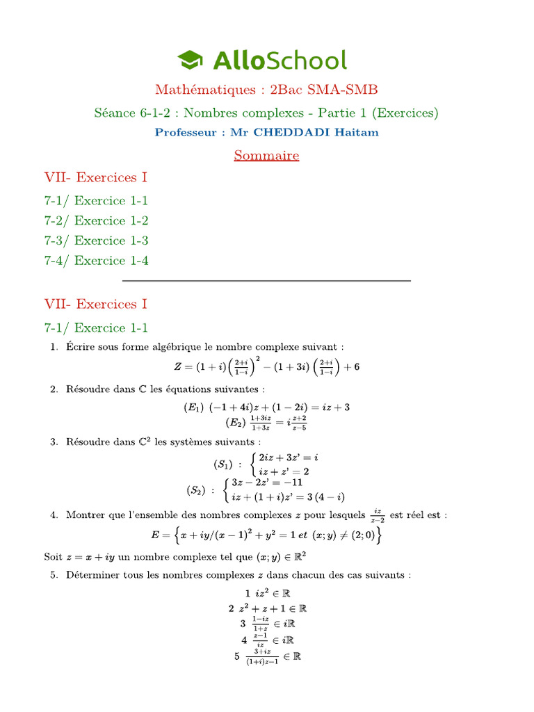 Seance 6 1 2 Nombres Complexes Partie 1 Exercices 1 | PDF