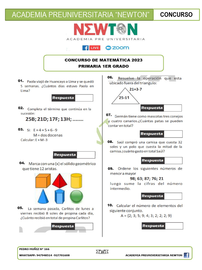 PRIMARIA 1ER GRADO CONCURSO MATEMATICA | PDF