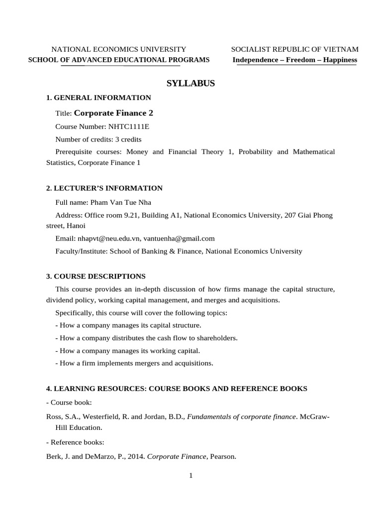Corporate Finance 2 Syllabus (Updated) | PDF | Capital Structure | Cost Of Capital