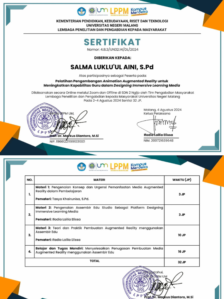 Sertifikat - SALMA LUKLU'UL AINI, S.PD | PDF