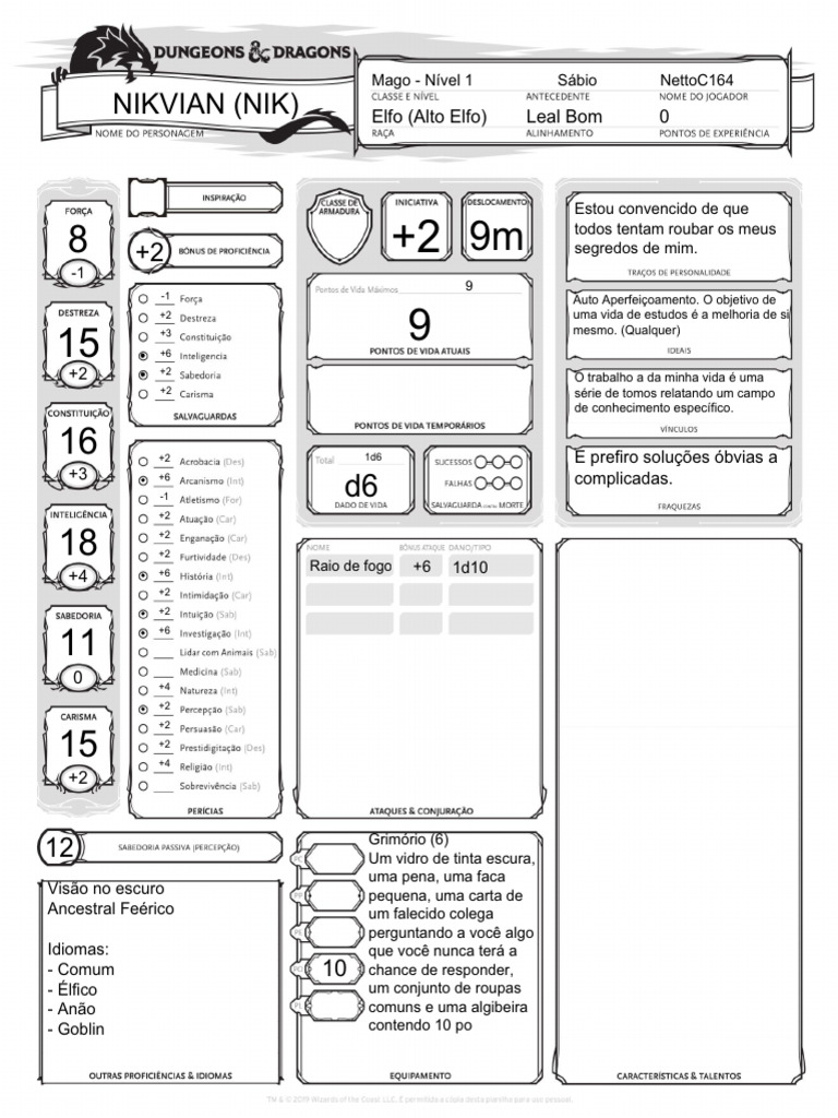 Ficha del Mago: Nikvian (NIV 1) | PDF | Hadas | Poderes mitológicos