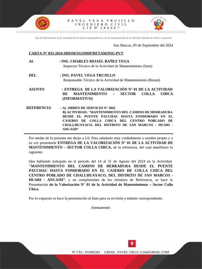 Carta N°033-24 Entrega Val #01 Colla Chica | PDF