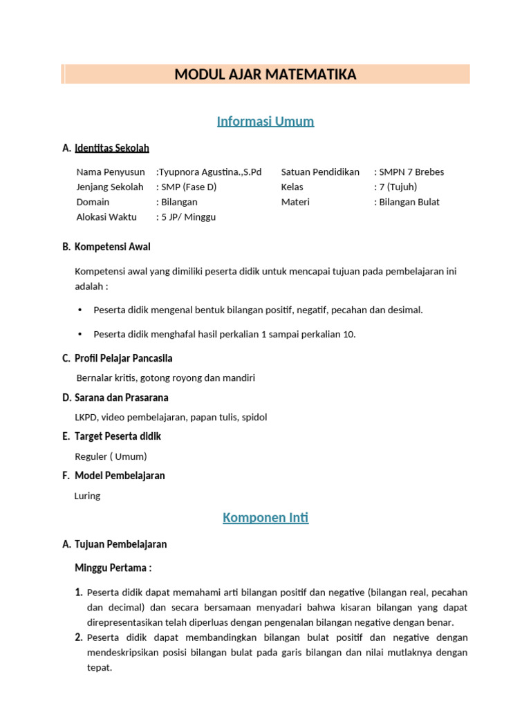 Bab 1 Modul Ajar - Bilangan Bulat | PDF