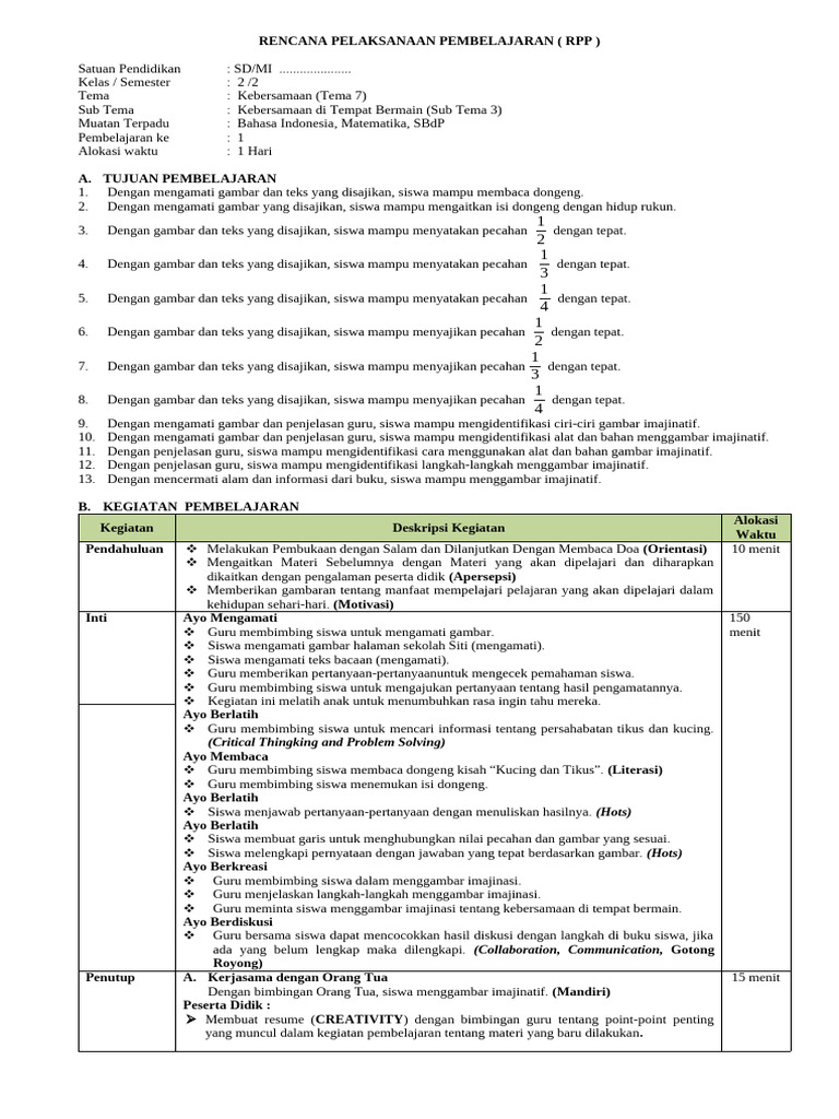 RPP Format Terbaru Kelas 2 Tema 7 ST 3 | PDF