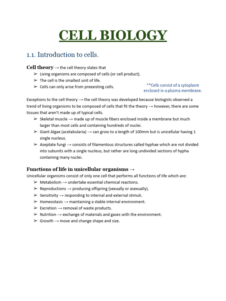 IB Bio Topic 1. Cell Biology | PDF