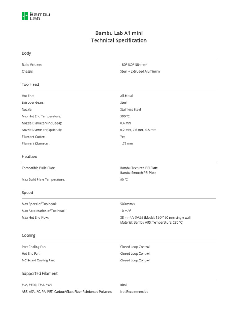 Bambu Lab A1 Mini Tech Specs | PDF