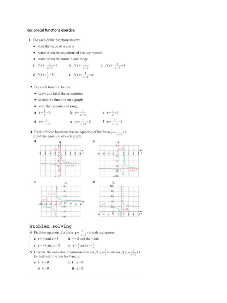 Reciprocal Functions Exercise | PDF