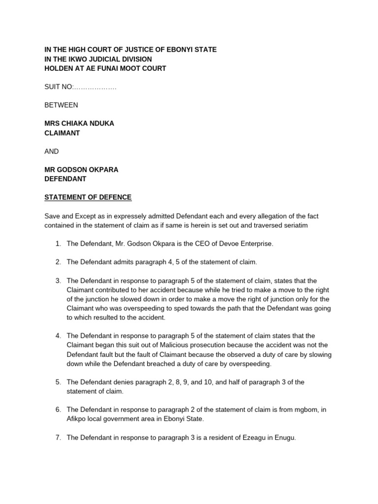 STATEMENT OF DEFENCE OF GODSON | PDF