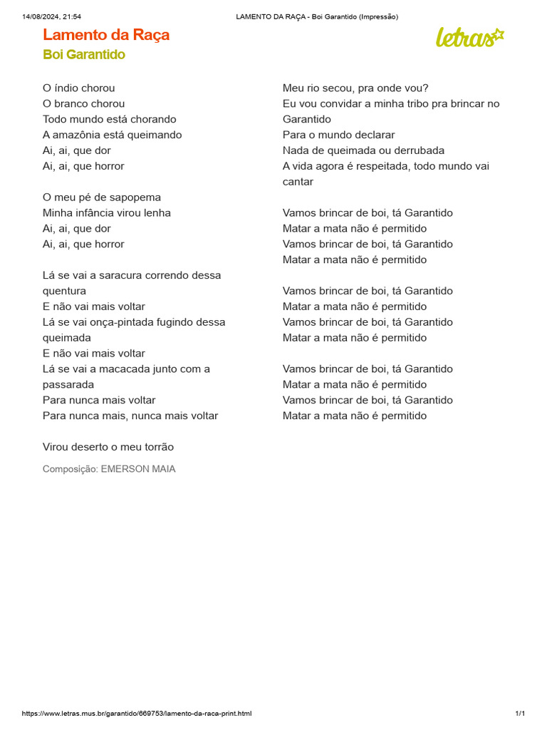 LAMENTO DA RAÇA - Boi Garantido (Impressão) | PDF