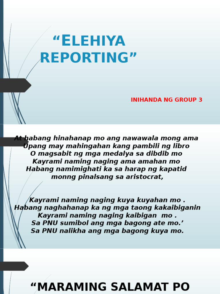 Filipino Reporting Grade 9 "Elehiya Reporting" | PDF