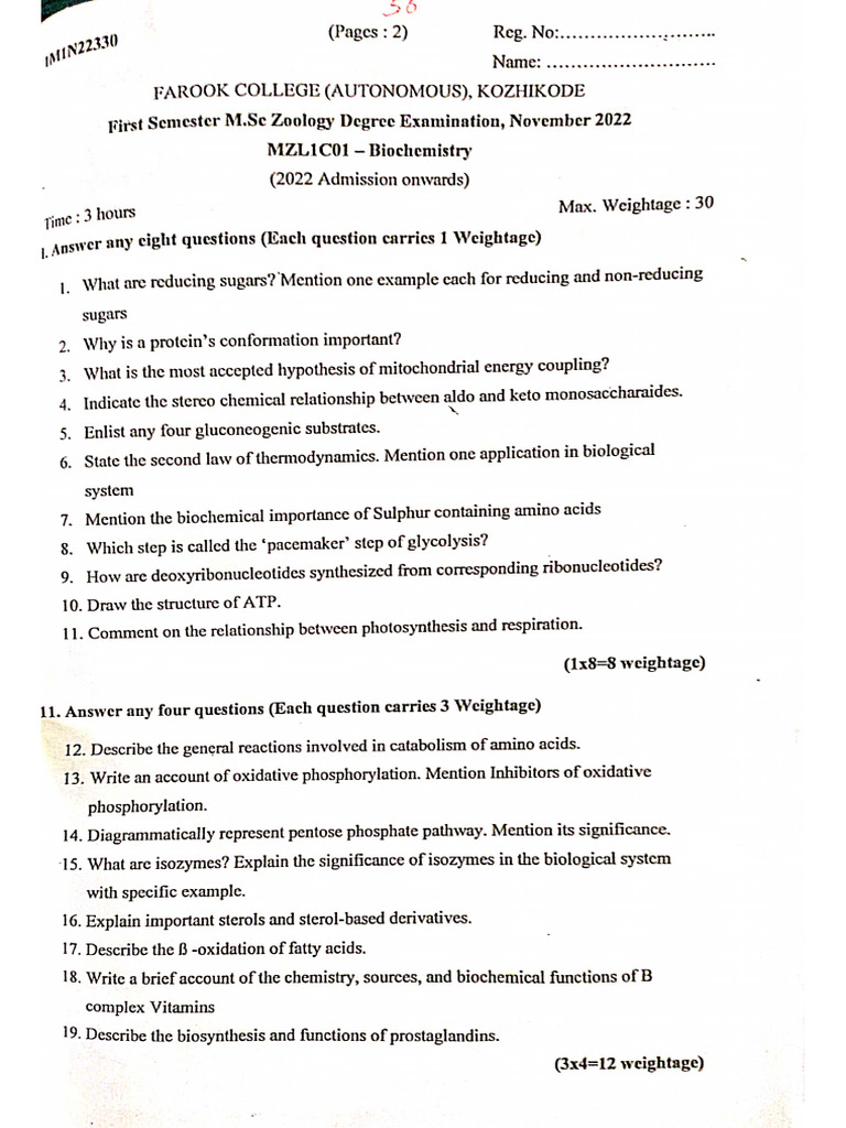 FAROOK COLLEGE (AUTONOMOUS) - KOZHIKODE First Semester M.SC Zoology Degree Examination, November ...