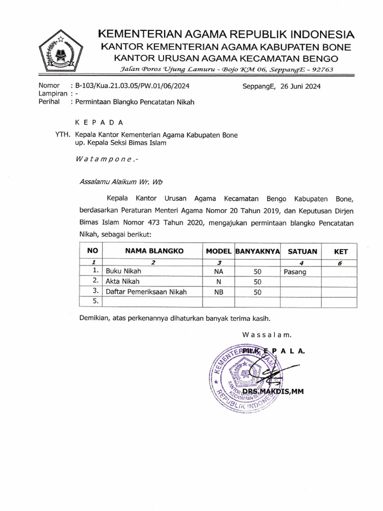Surat Permohonan Blangko Buku Nikah - 20240626 - 0001 | PDF