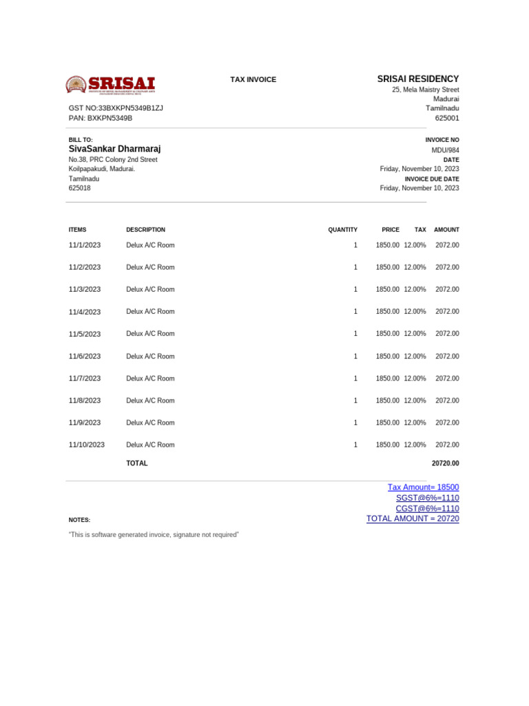 Srisai Invoice | PDF | Invoice | Business Documents