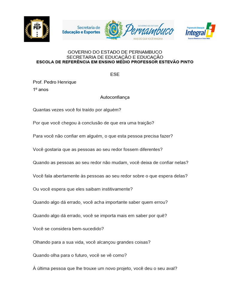 1º Anos ESE Autoconf Exer 3ºbim | PDF