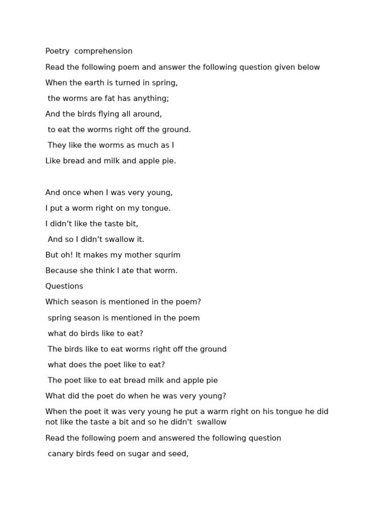 Poetry Comprehension Questions | PDF