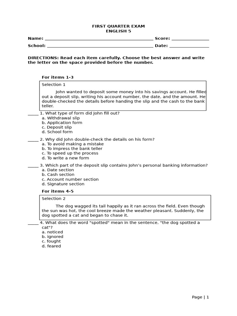 English 5 First Quarter Exam | PDF