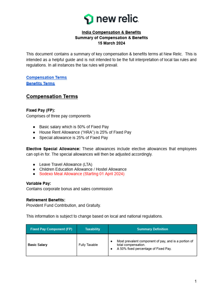 India Compensation & Benefits Terms - 15 03 2024 | PDF