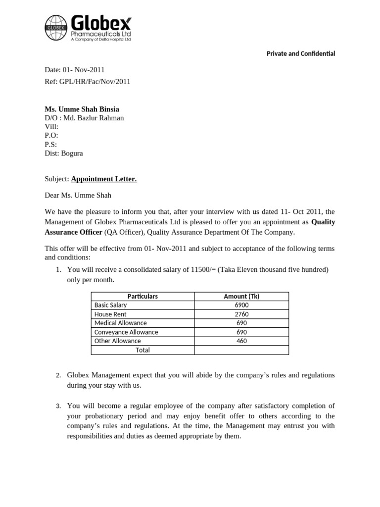 Appointment Letter - Umme Shah | PDF