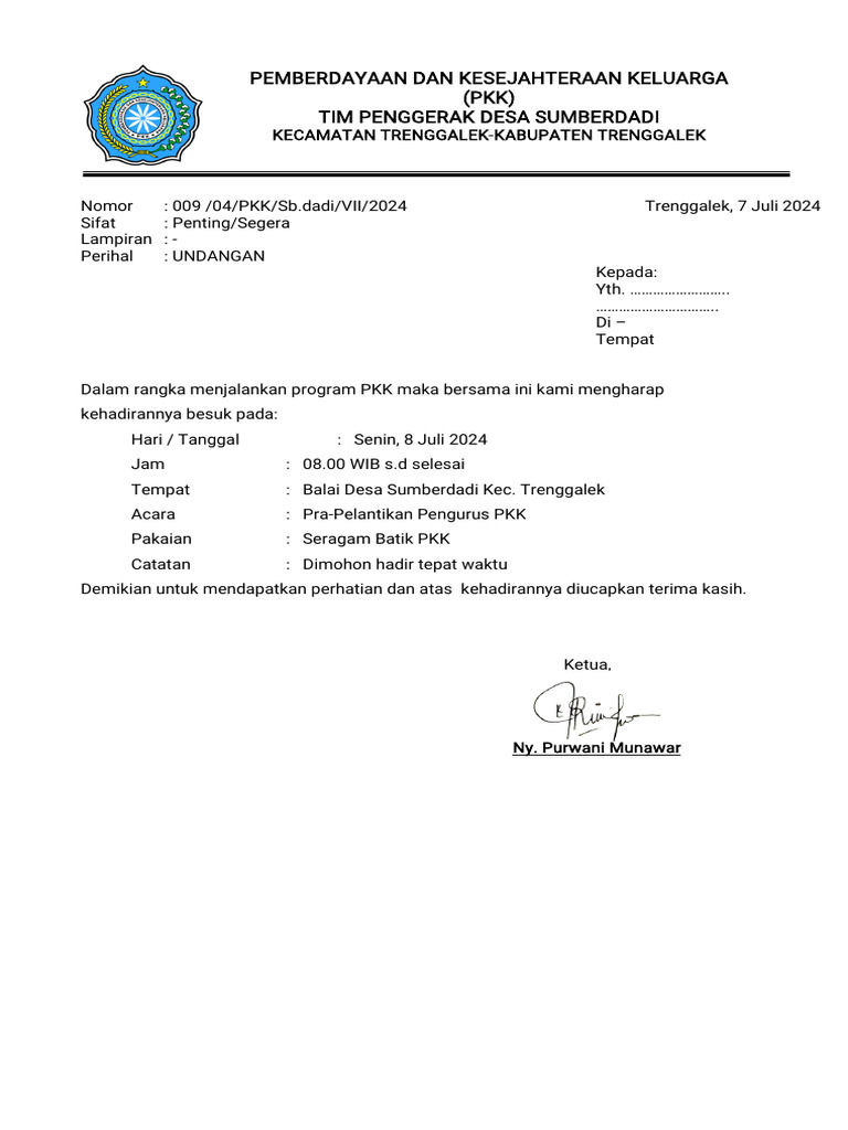 009 - Undangan PKK Desa Sumberdadi | PDF