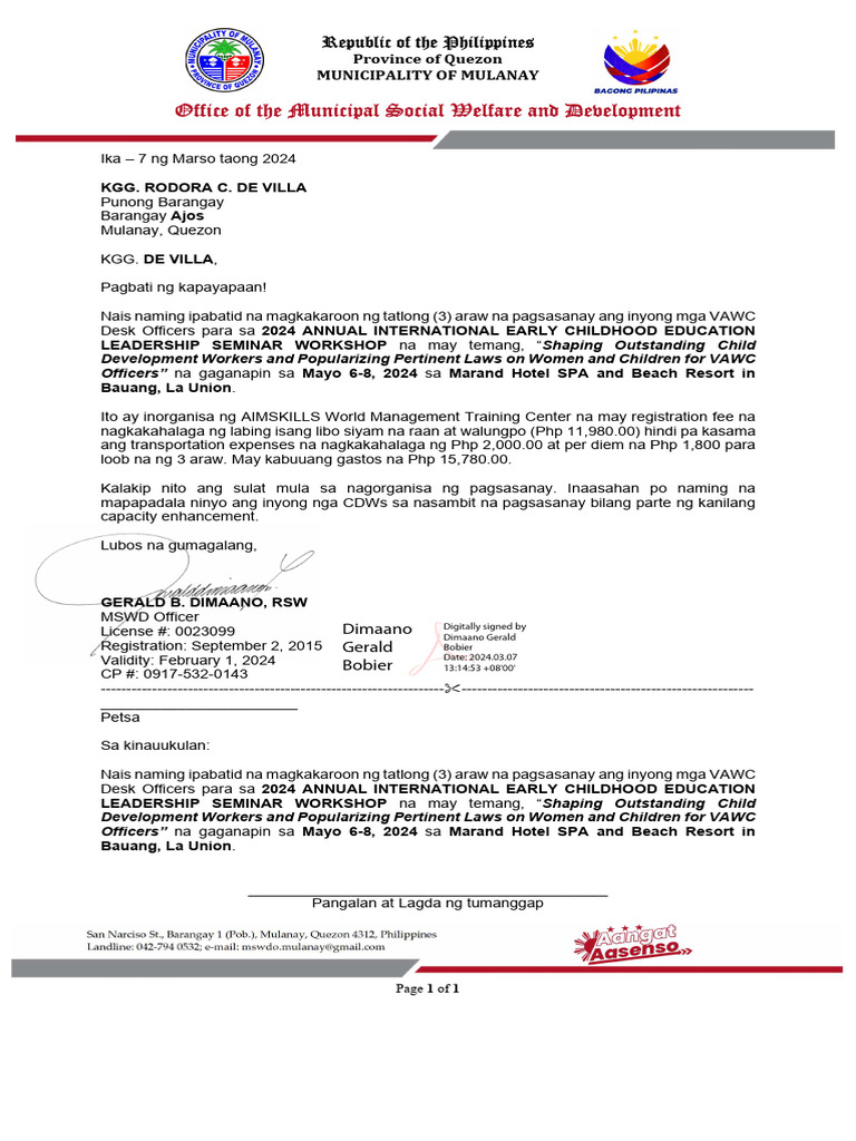 Letter To Punong Barangay VAWC Desks Officers Training | PDF