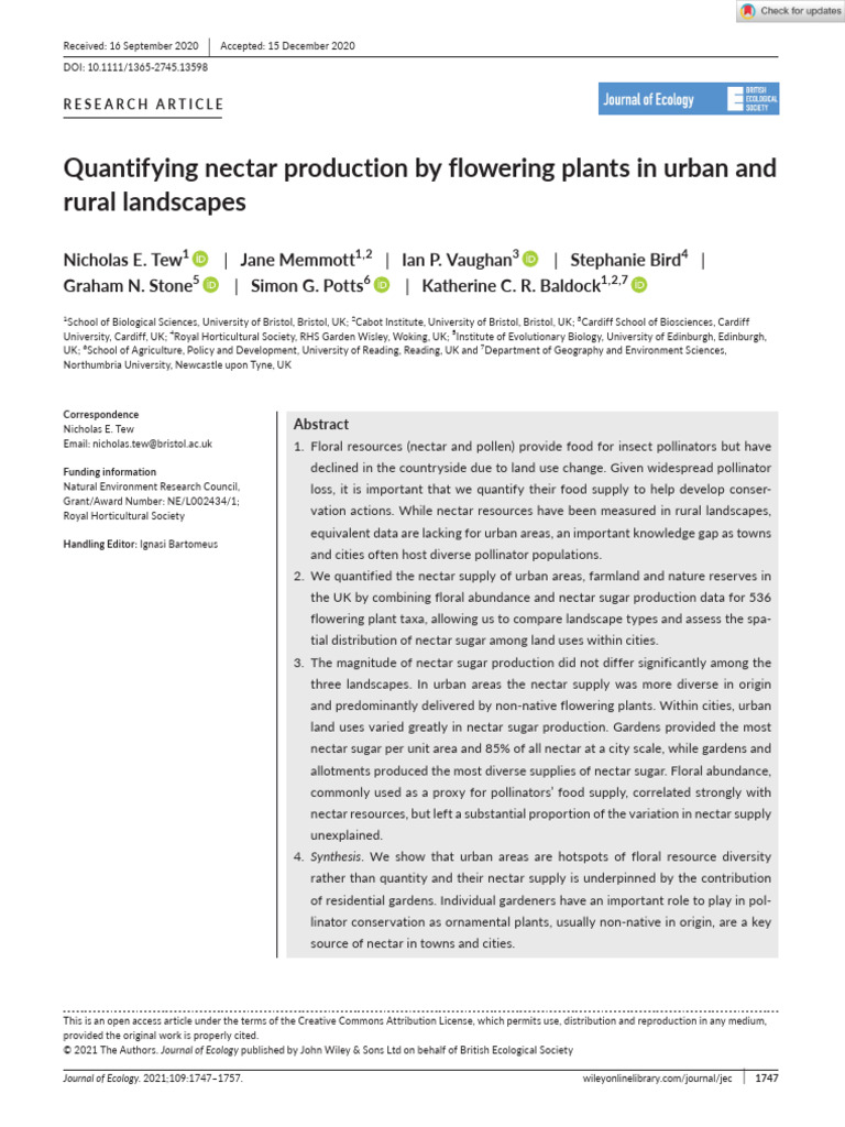 Quantifying Nectar Production by Flowering Plants in Urban and Rural ...