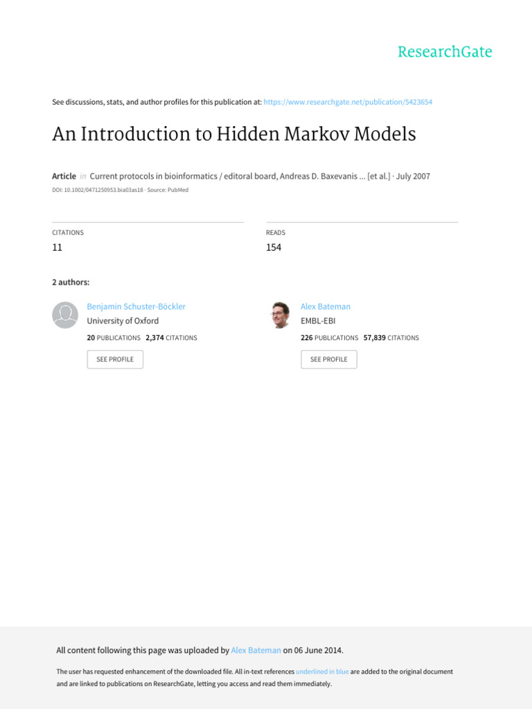 An Introduction To Hidden Markov Models | PDF | Sequence Alignment | Markov Chain