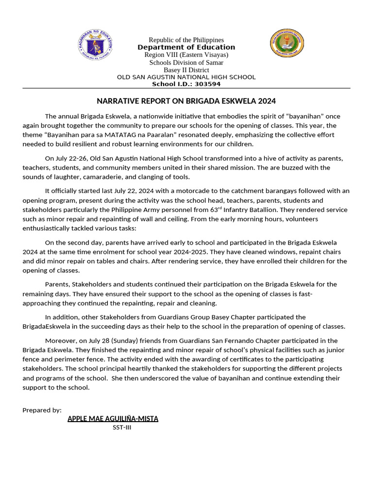 Brigada Eskwela Narrative Report | PDF