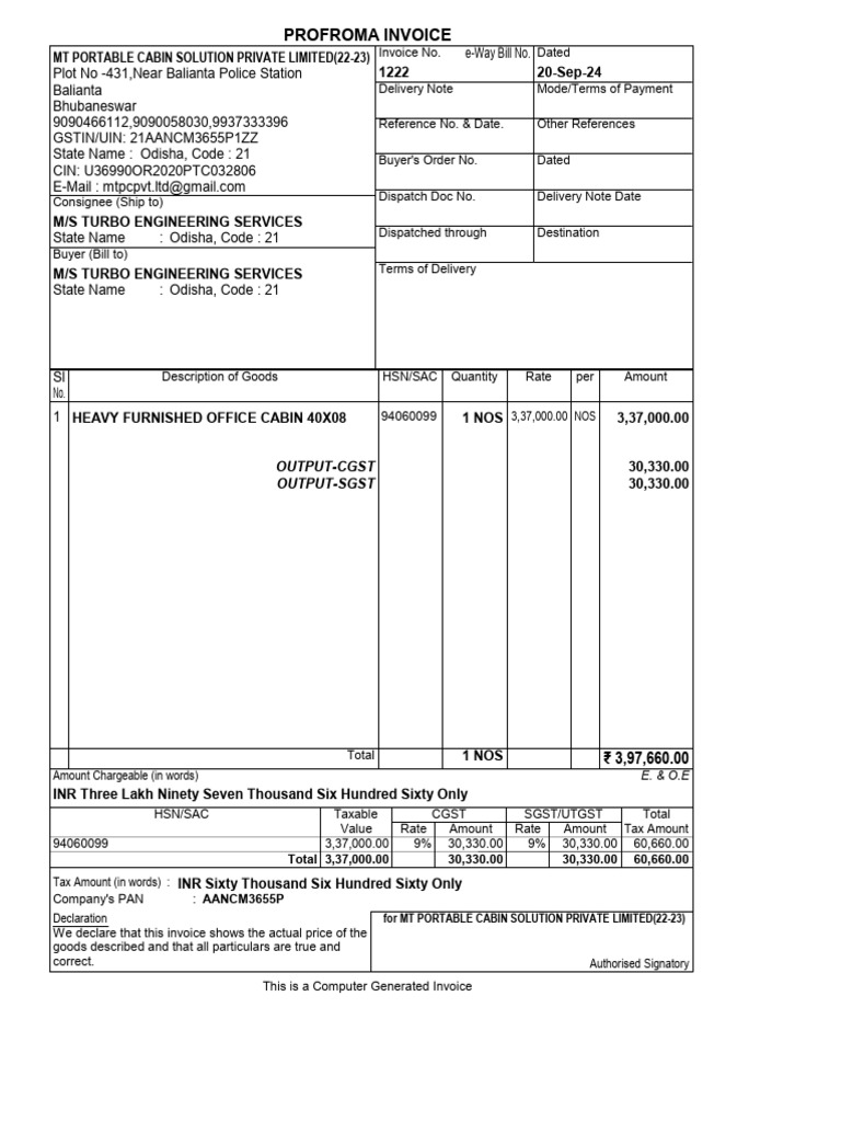 Profroma Invoice: Output-Cgst Output-Sgst | PDF
